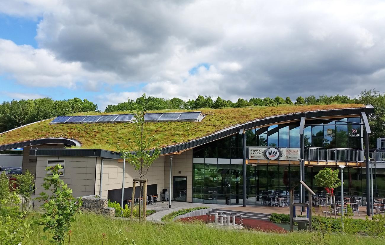 Pitched green roof at Beverbach motorway service station: A “Green Wave ...